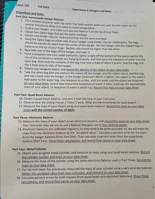 Solved Chem 120 Fall 2023 Experiment 2: Hangers and Mass | Chegg.com