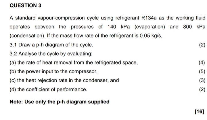Solved QUESTION 3A standard vapour-compression cycle using | Chegg.com