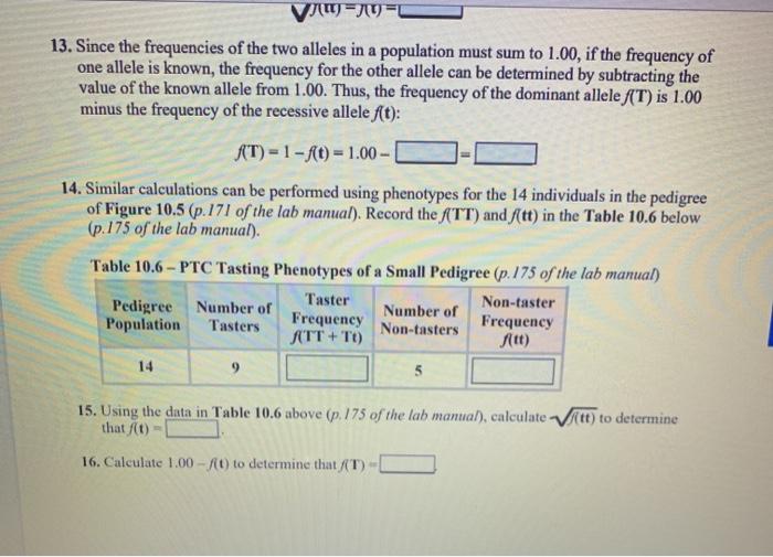 Solved 11. From an analysis of the PTC-tasting abilities of | Chegg.com