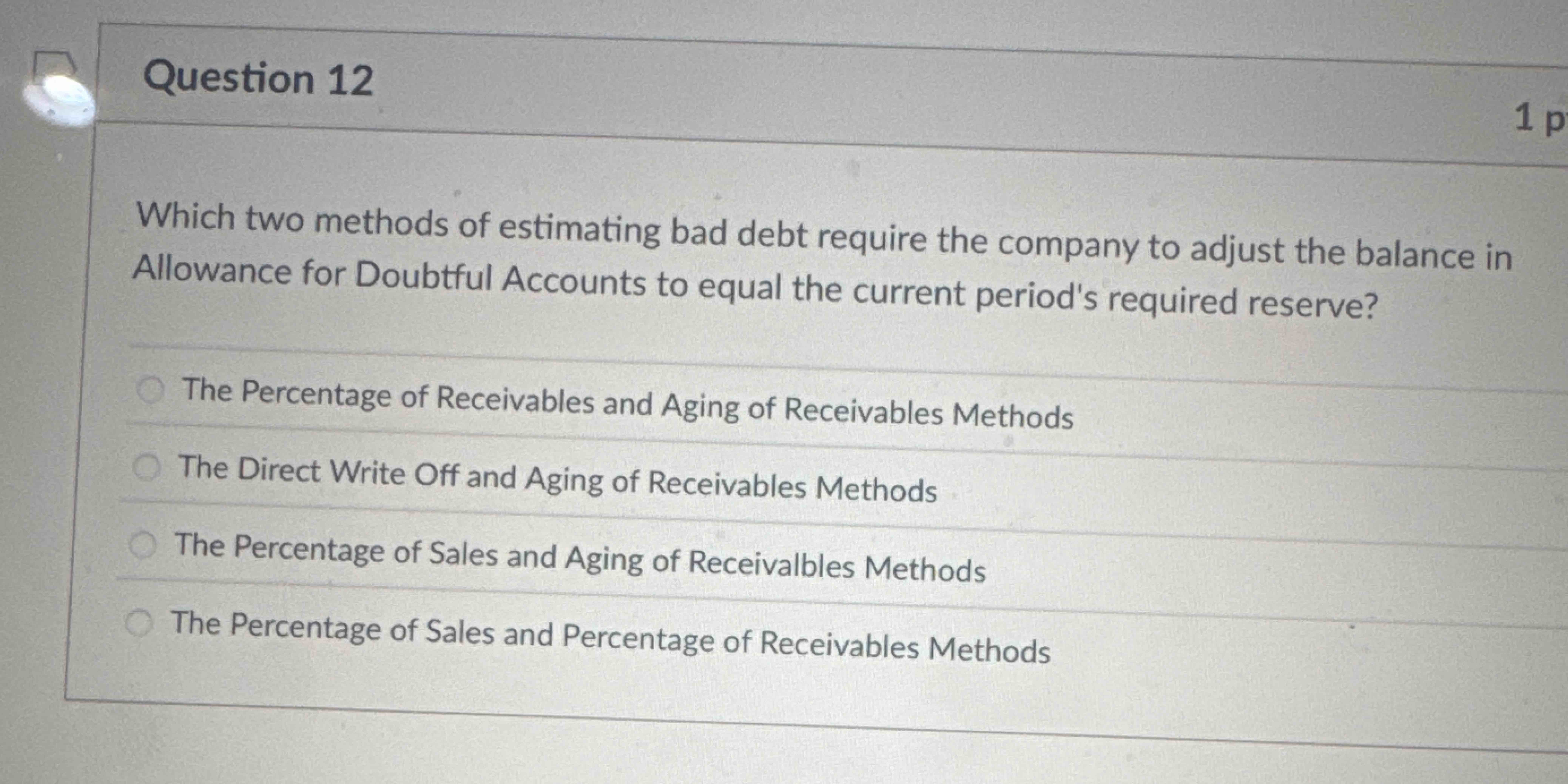 Solved Question 12Which two methods of estimating bad debt | Chegg.com