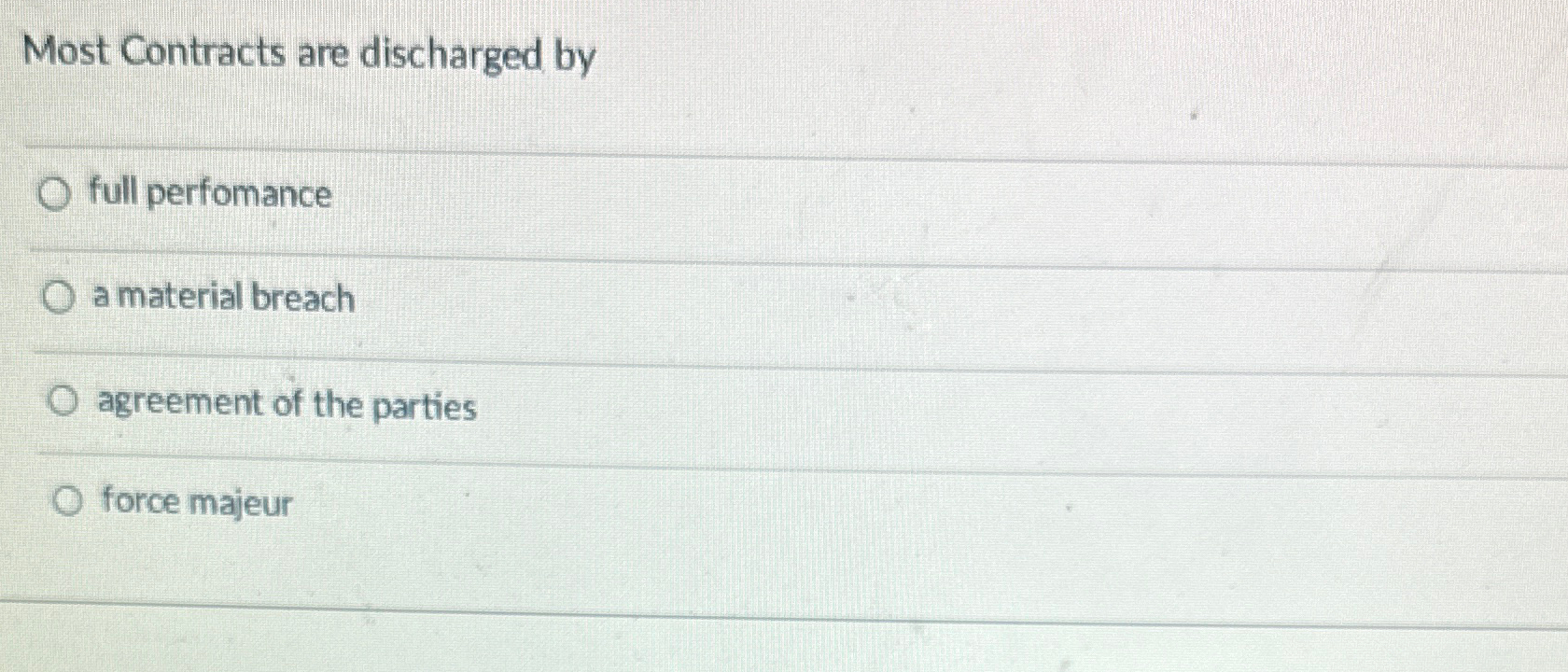 Solved Most Contracts are discharged byfull perfomancea | Chegg.com