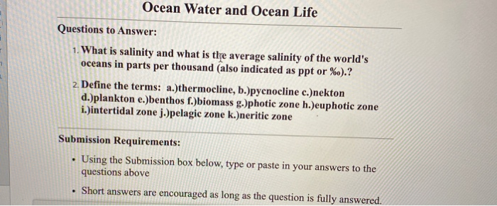 Solved Ocean Water and Ocean Life Questions to Answer: 1. | Chegg.com