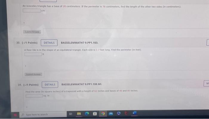 Solved An Isosceles triangle has a base of 20 centimeters. | Chegg.com