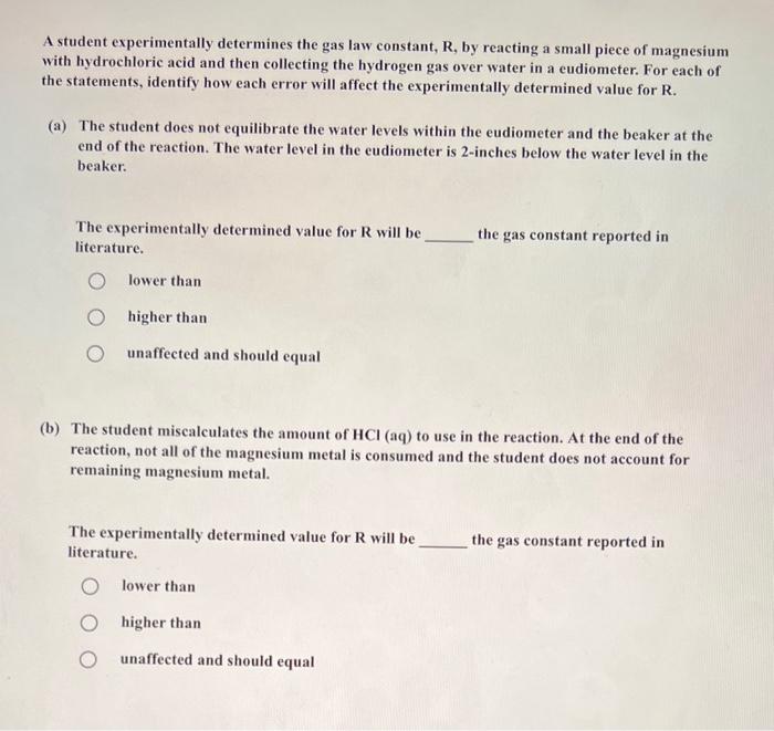 Solved A student experimentally determines the gas law | Chegg.com