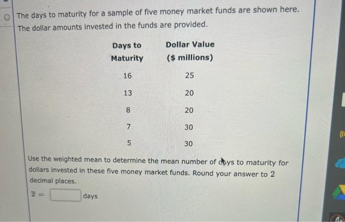 Solved The days to maturity for a sample of five money | Chegg.com