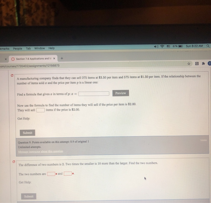 Solved 87% Sun 8:22 AM Q kmarks People Tab Window Help x | Chegg.com