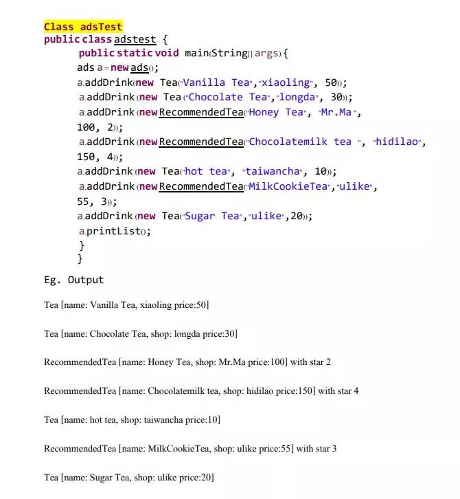 Solved 2. Write java code follow that Assign a Tea class | Chegg.com
