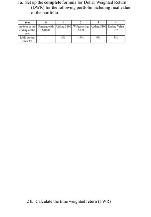 Solved la. Set up the complete formula for Dollar Weighted | Chegg.com