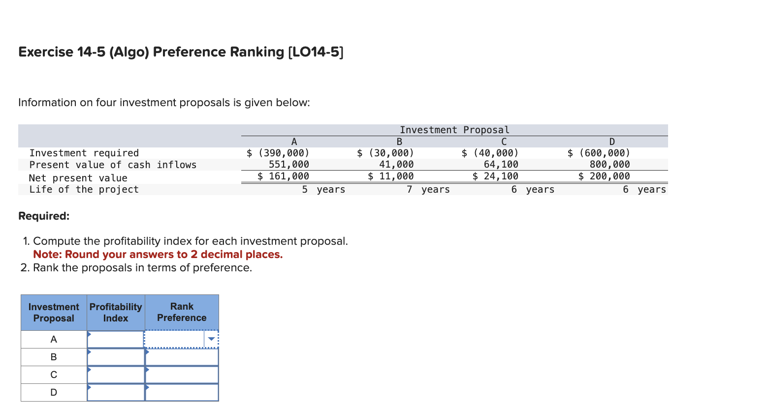 Exercise 14-5 (Algo) ﻿Preference Ranking | Chegg.com