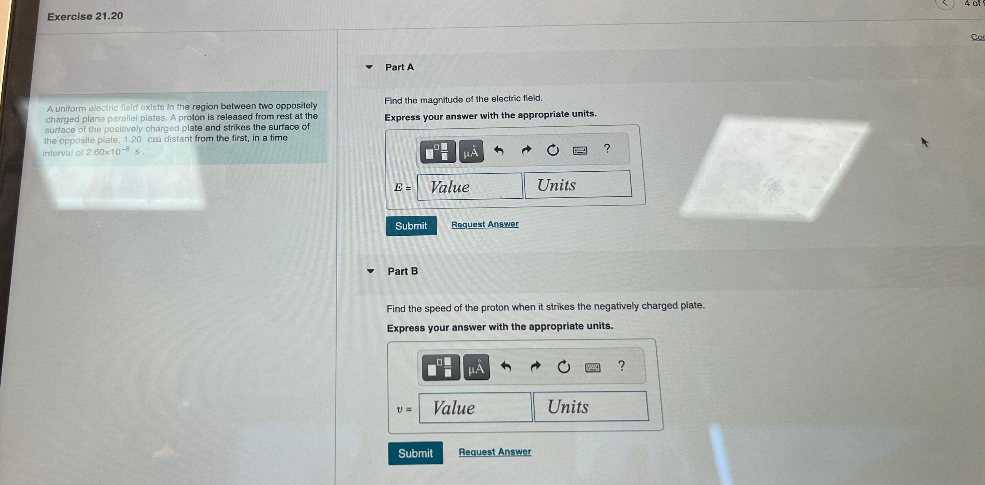 Solved Exercise 21.20Part AA uniform electric field exists | Chegg.com