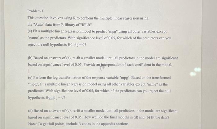 Solved Problem 1 This question involves using R to perform | Chegg.com