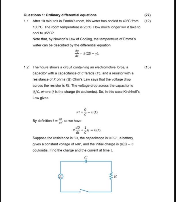 Solved Questions 1: Ordinary differential equations (27) | Chegg.com