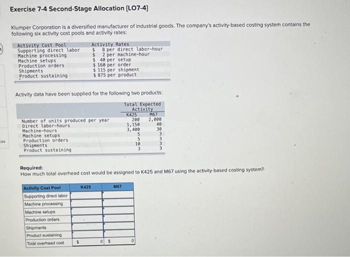 Solved Exercise 7-4 Second-Stage Allocation [LO7-4] Klumper | Chegg.com