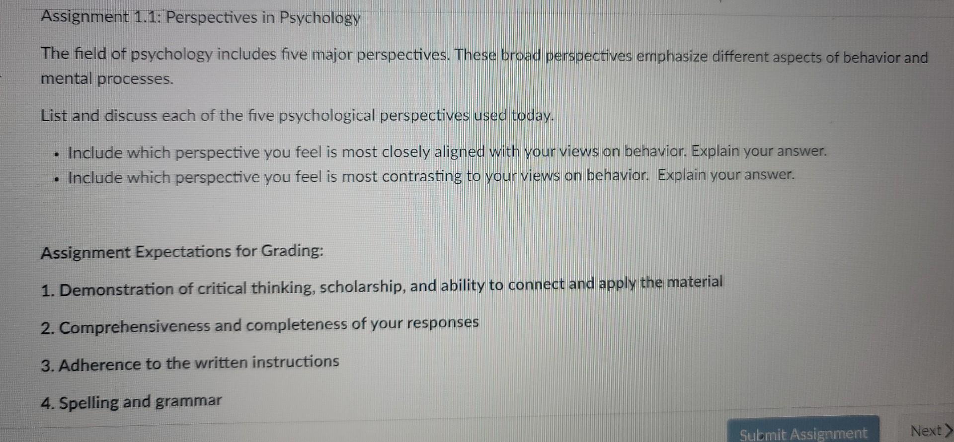Solved Assignment 1.1: Perspectives in Psychology The field | Chegg.com