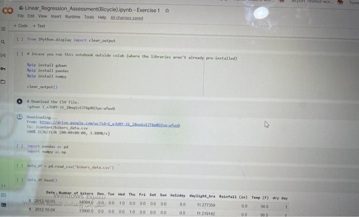 Solved !!! 0 CO Linear_Regression_Assessment(Bicycle).ipynb | Chegg.com