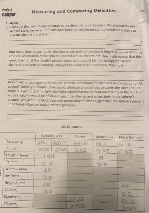 Solved Analysis: 1. Compute the percent uncertainties in the | Chegg.com