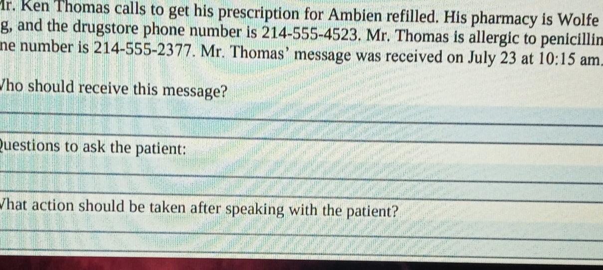 Solved Ir. Ken Thomas calls to get his prescription for | Chegg.com