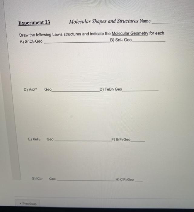 Solved Experiment 23 Molecular Shapes and Structures Name | Chegg.com