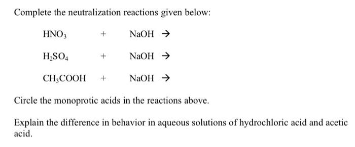 Solved Complete the neutralization reactions given below: | Chegg.com