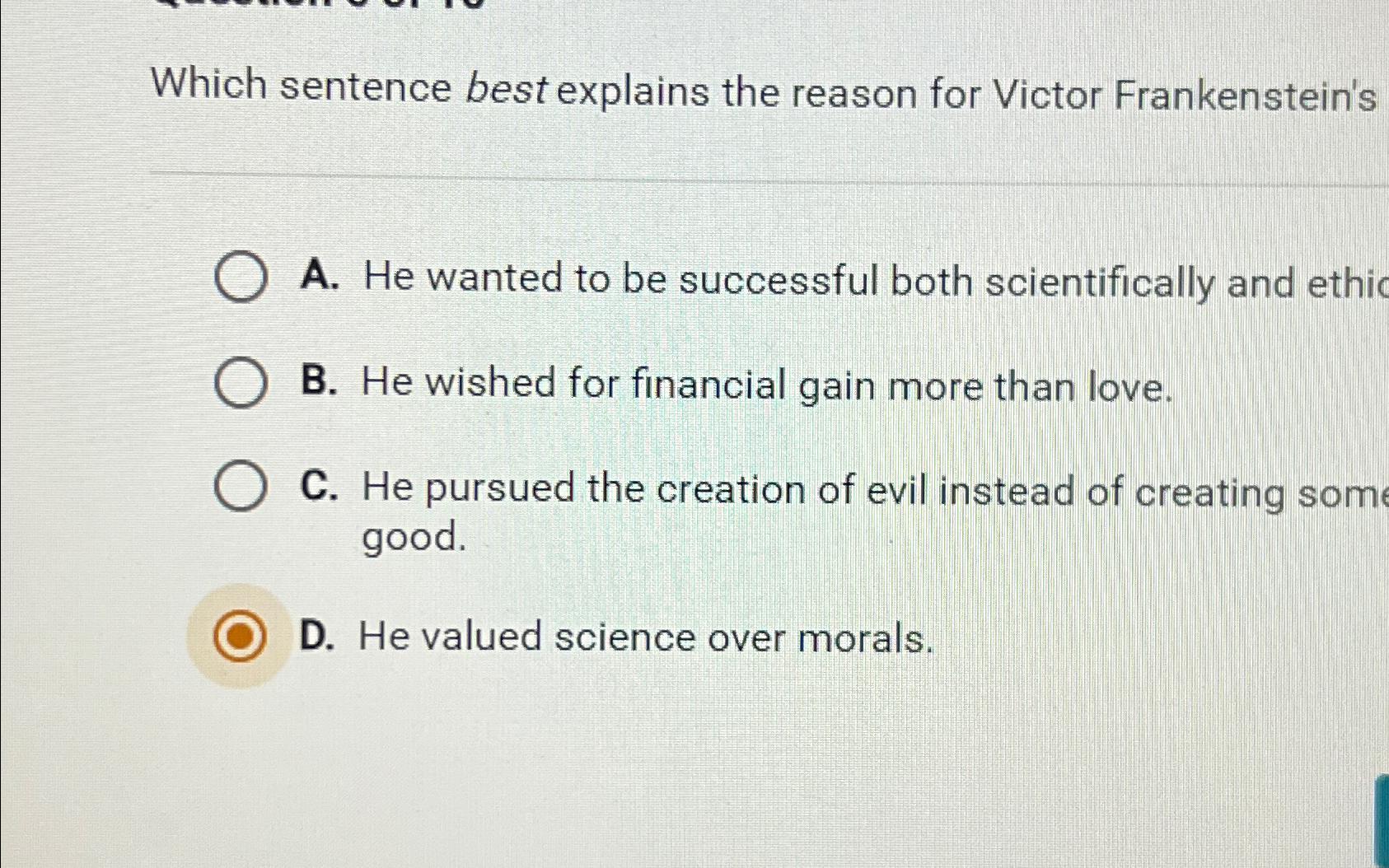 Solved Which sentence best explains the reason for Victor | Chegg.com