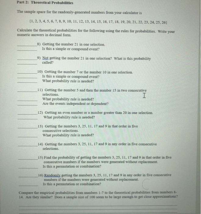 Part 2: Theoretical Probabilities The sample space | Chegg.com