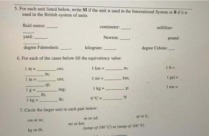 Solved 5. For each unit listed below, write SI if the unit | Chegg.com