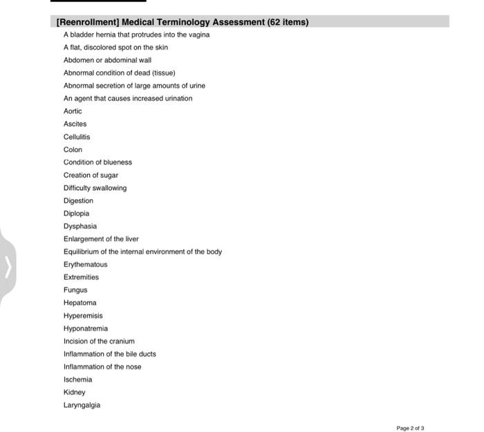 Solved [Reenrollment] Medical Terminology Assessment (62 | Chegg.com