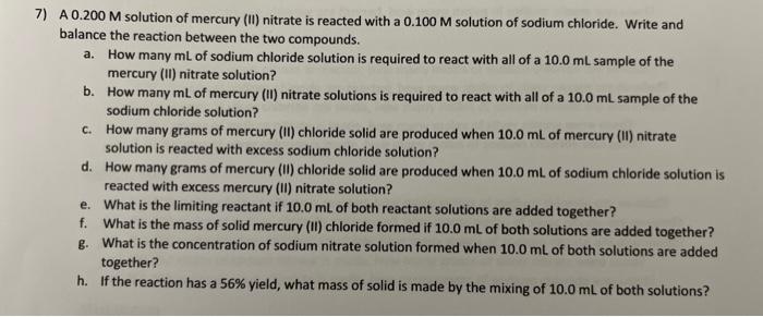 Solved 7) A0.200M solution of mercury (II) nitrate is | Chegg.com
