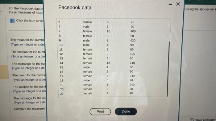 Solved Facebook data 2. using the appropriate Excel funcion | Chegg.com