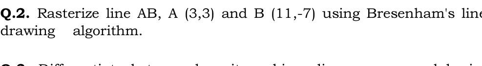 Solved Q.2. Rasterize line AB, A (3,3) and B (11,-7) using | Chegg.com