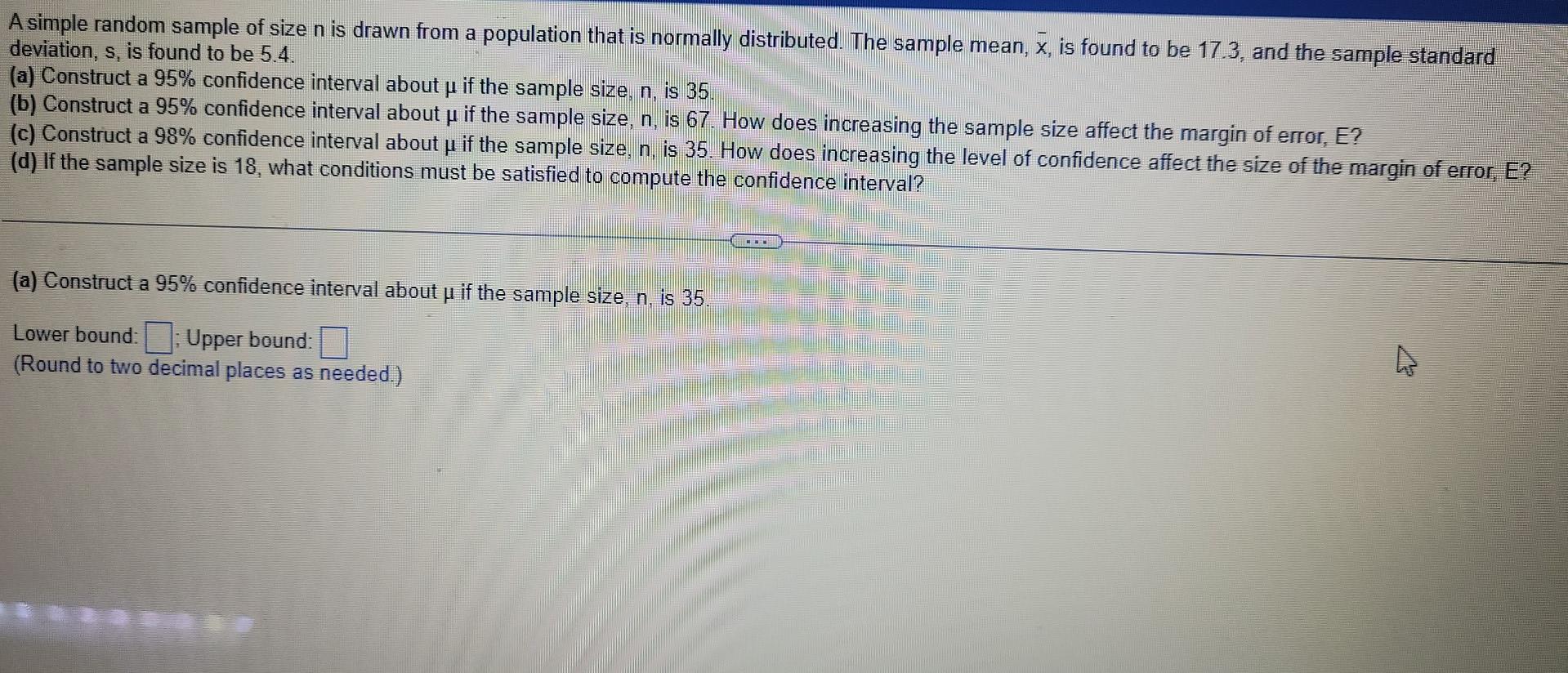 Solved A simple random sample of size n is drawn from a | Chegg.com