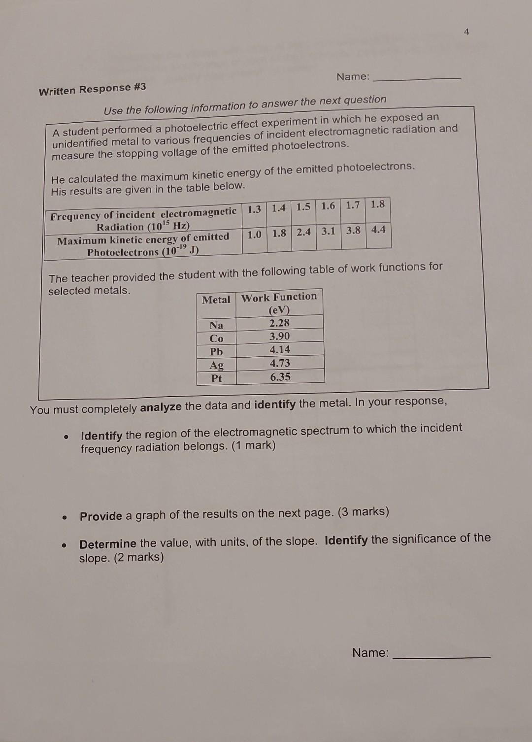 Solved A student performed a photoelectric effect experiment | Chegg.com