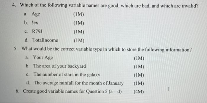 Solved 4. Which of the following variable names are good, | Chegg.com