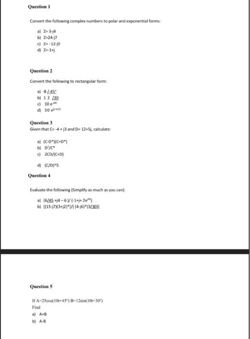 Solved Convert the following complex numbers to polar and | Chegg.com