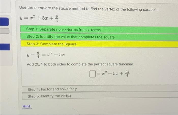 Solved Use the complete the square method to find the vertex | Chegg.com