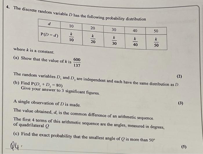 Solved 4. The discrete random variable D has the following | Chegg.com