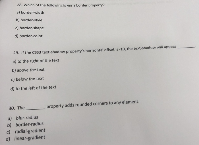 Solved 28. Which of the following is not a border property? | Chegg.com