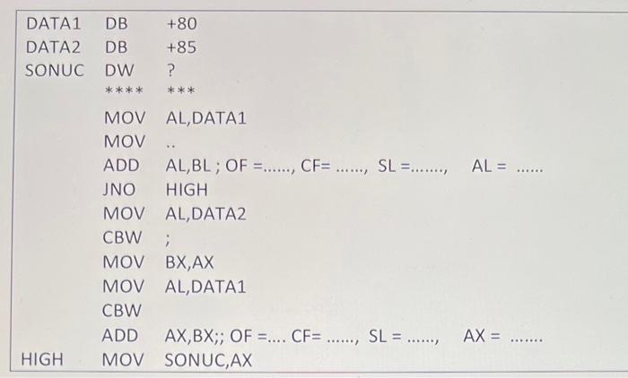 Solved DATA1 DATA2 SONUC DB DB DW ∗∗∗∗+80+85?∗∗∗ MOV | Chegg.com