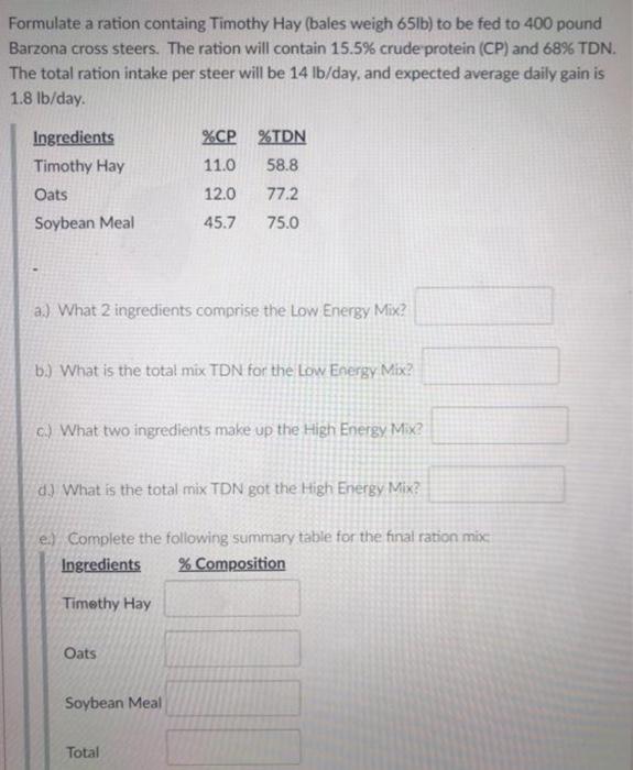 Solved Formulate a ration containg Timothy Hay (bales weigh | Chegg.com