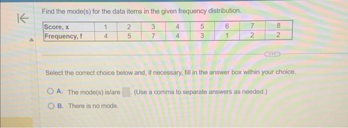 Solved Find the mode(s) for the data items in the given | Chegg.com