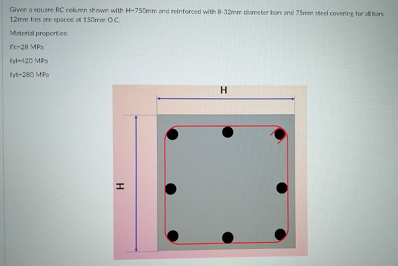 Solved Given a square RC column shown with H-750mm and | Chegg.com