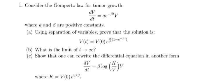 Solved 1. Consider the Gompertz law for tumor growth: | Chegg.com