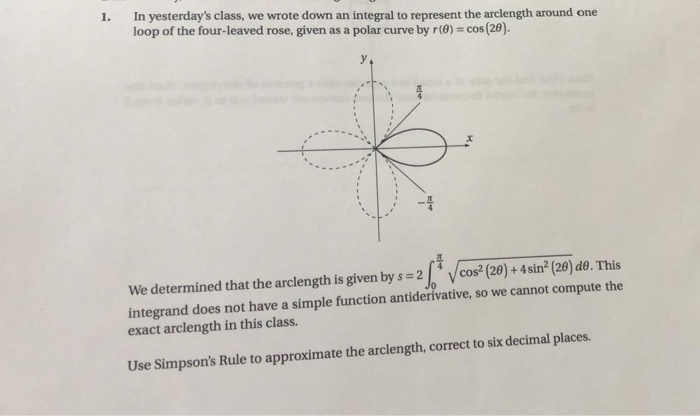 1. In yesterday's class, we wrote down an integral to | Chegg.com
