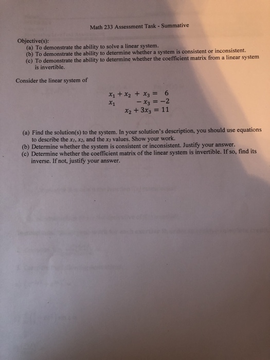 Solved Math 233 Assessment Task - Summative Objective(s): | Chegg.com
