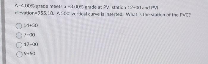 A −4.00% grade meets a+3.00% grade at PVI station | Chegg.com