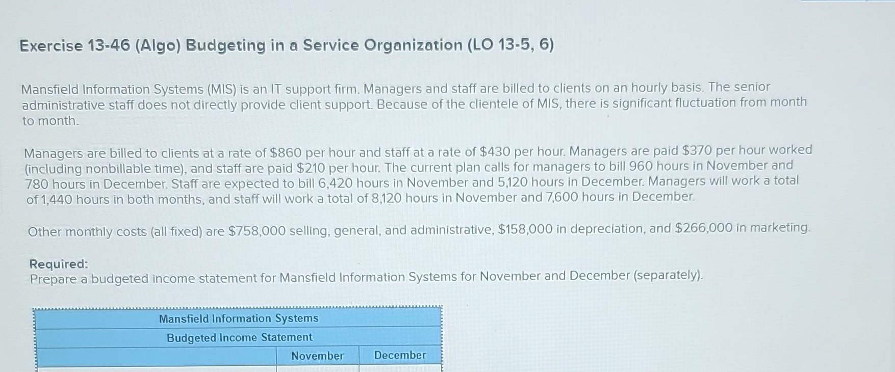 Solved Exercise 13-46 (Algo) Budgeting in a Service | Chegg.com