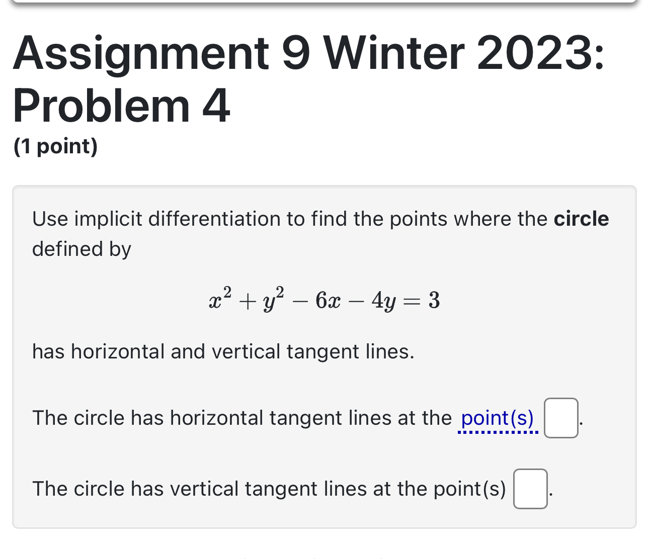 Solved Assignment 9 ﻿Winter 2023: Problem 4(1 ﻿point)Use | Chegg.com