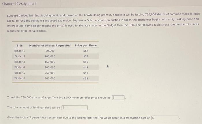 Solved Suppose Gadget Twin inc, is going public and, based | Chegg.com