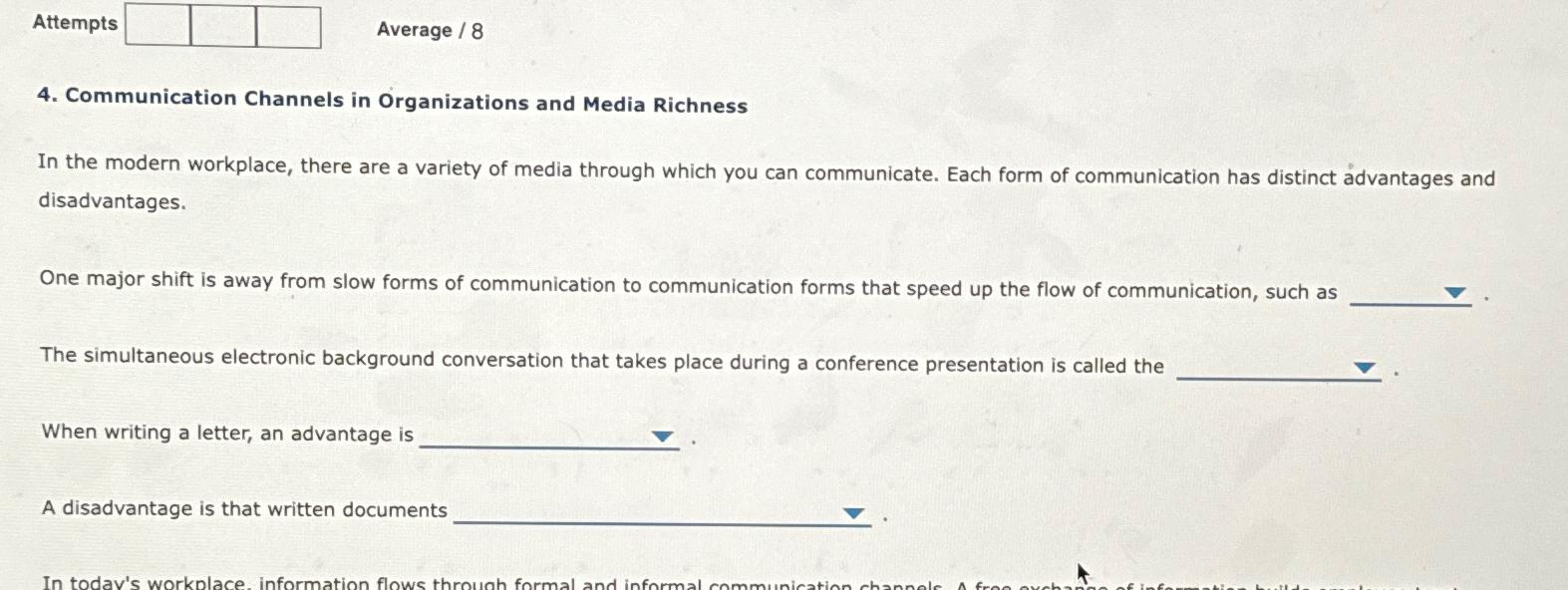 Solved AttemptsAverage / 84. ﻿Communication Channels in | Chegg.com