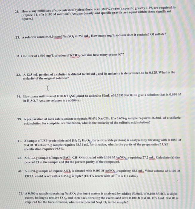 Solved 21. How many milliliters of concentrated hydrochloric | Chegg.com